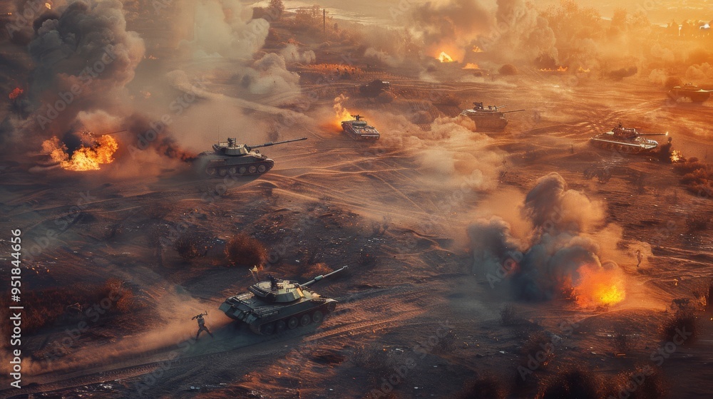 Tanks engaged in combat are seen from above amidst fiery explosions and ...