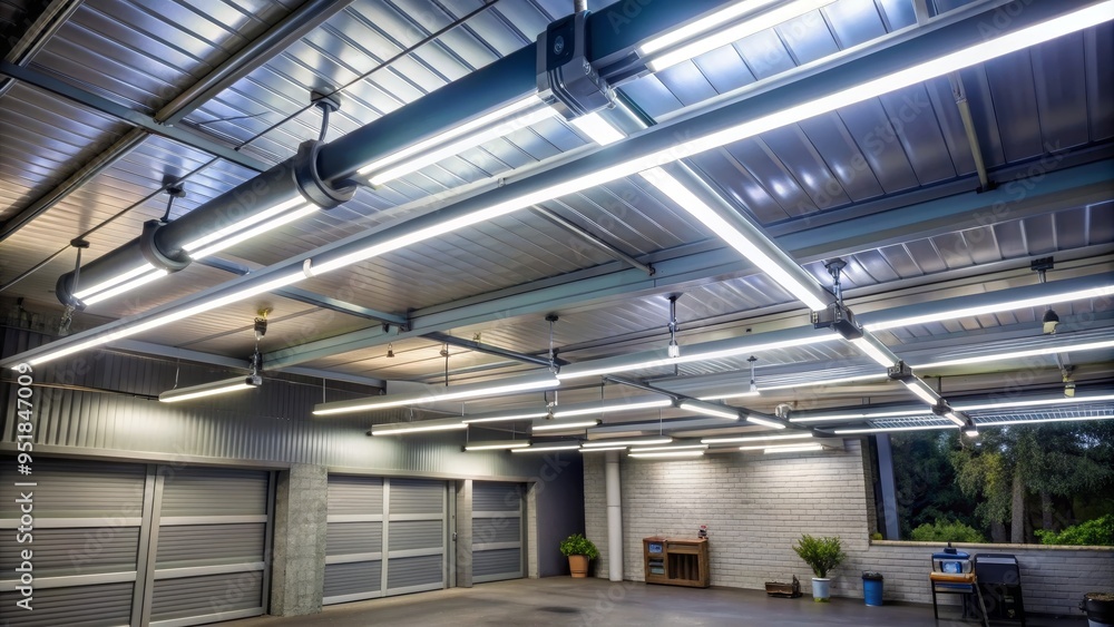 Low Angle View of a Garage with Multiple Fluorescent Lights, Metal Roof ...