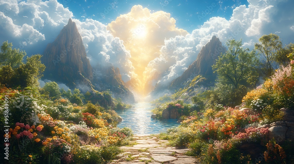 A bright divine 3d scene of heaven with golden gates lush gardens ...