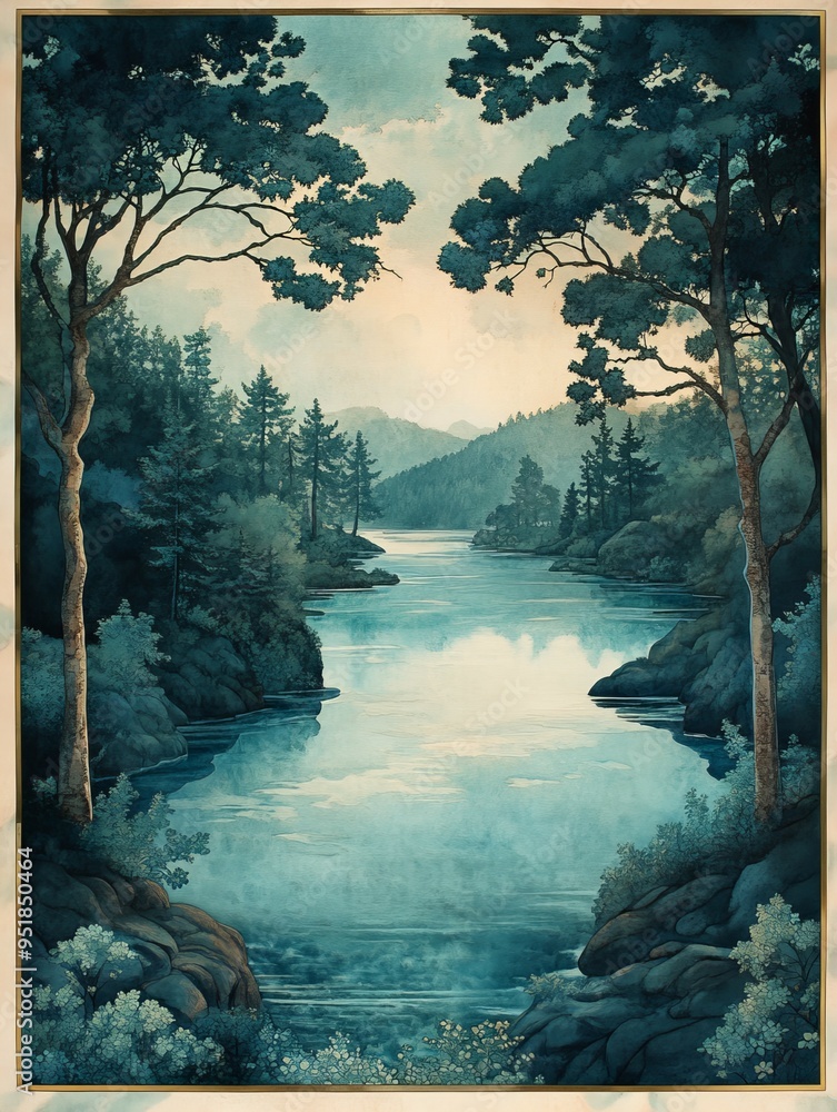 Vintage Elegant Retro Art Nouveau Landscape with Trees and River in ...