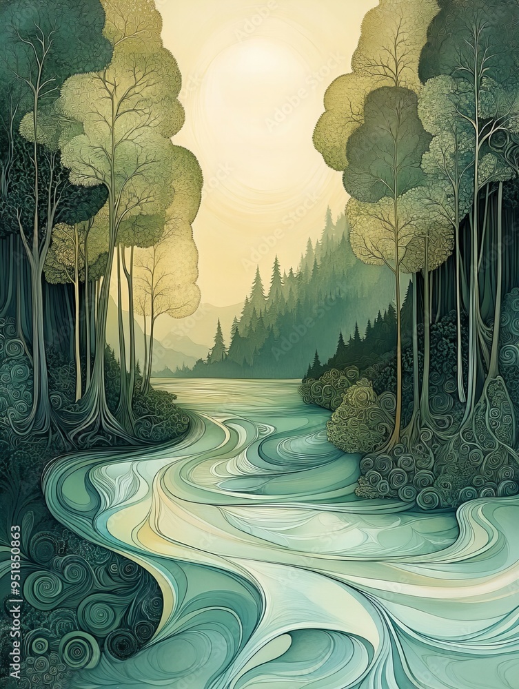 Vintage Elegant Retro Art Nouveau Landscape with Trees and River in ...