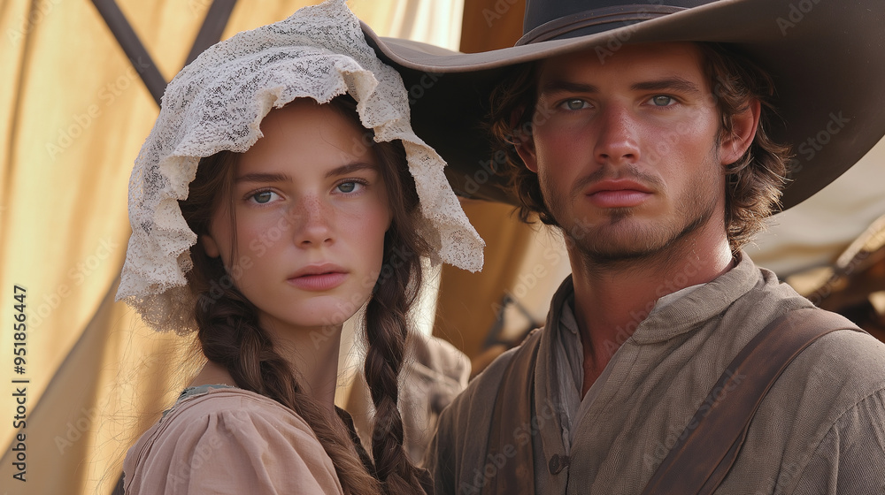 A portrait of a young American pioneer couple, the woman in a bonnet ...