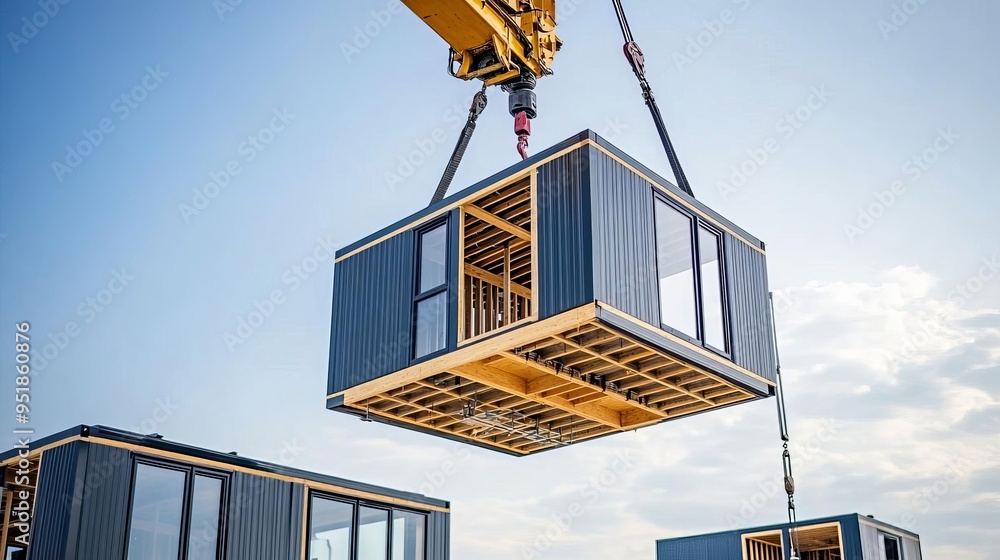 Modular building installation process, crane lifting a prefab unit ...