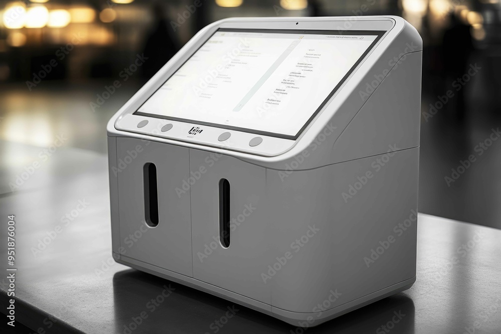 Futuristic Kiosk: A sleek, modern, white kiosk with a touchscreen display and minimalist design ...