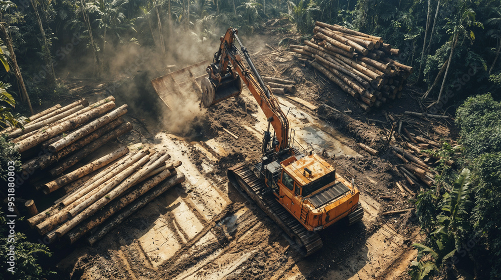 Aerial view of deforestation and logging on natural landscapes. Heavy ...