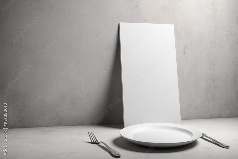 Blank white empty menu mockup with knife and fork on a Concrete ...