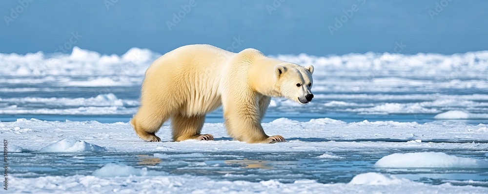 Polar bear hunting on arctic ice, focused expression and icy landscape ...