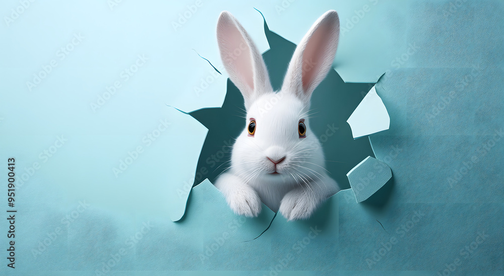 “Cute White Rabbit Peeking Out of a Hole in a Paper Wall, Adding a ...
