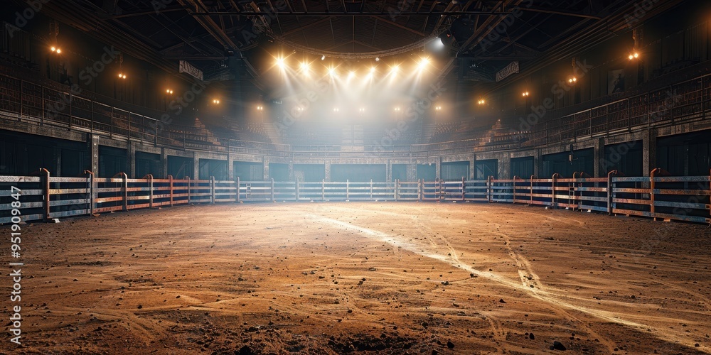 Illuminated rodeo arena with empty bleachers showcasing the ...
