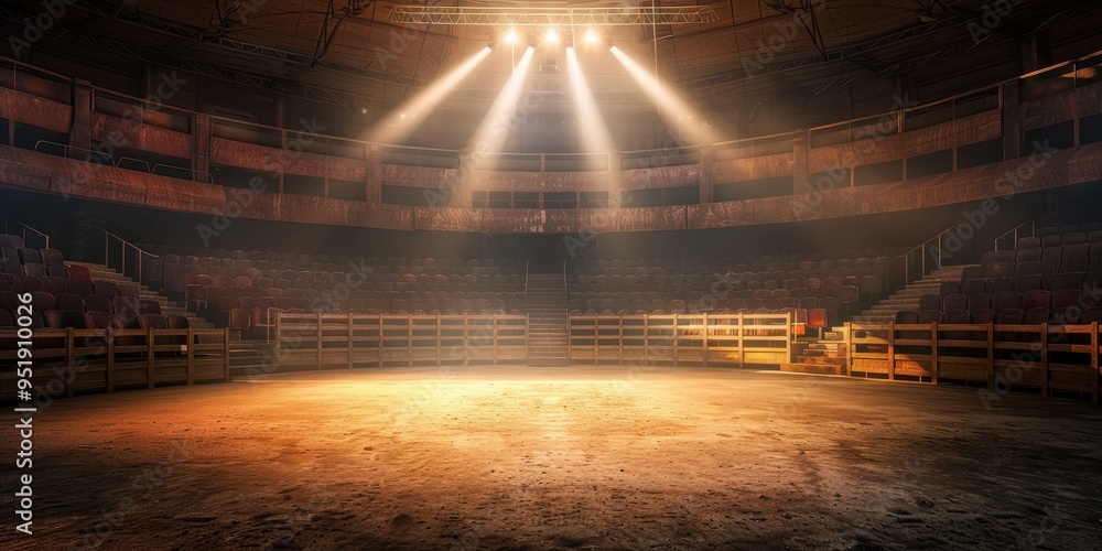 A spotlight illuminates the center of a majestic rodeo arena with empty ...