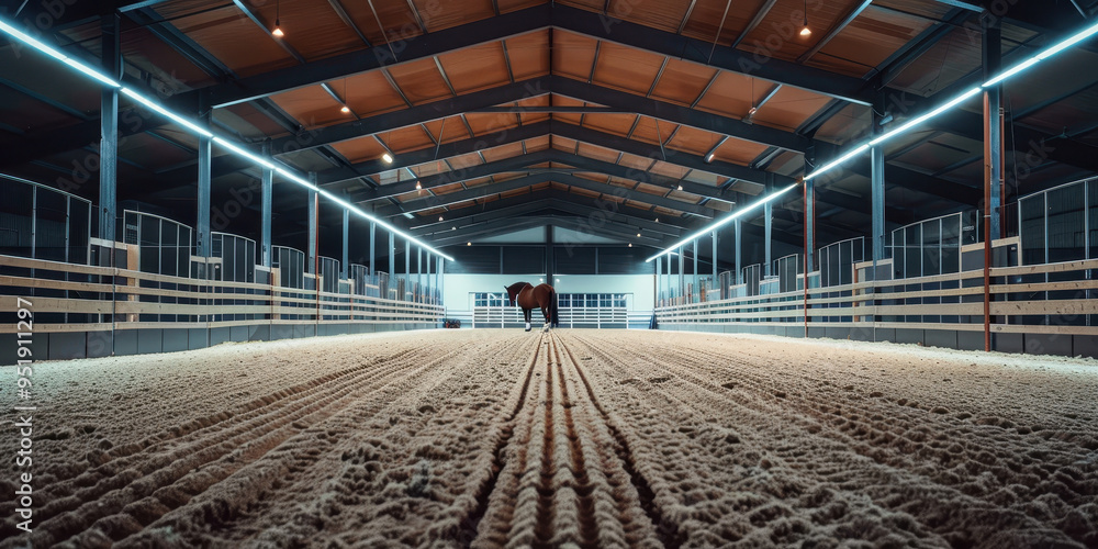 Well-groomed equestrian arena with illuminated jumps and pristine ...