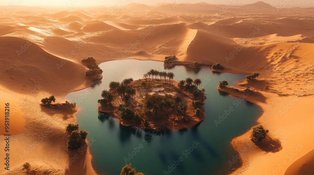 A desert oasis surrounded by sand dunes, illustrating the resilience of ...