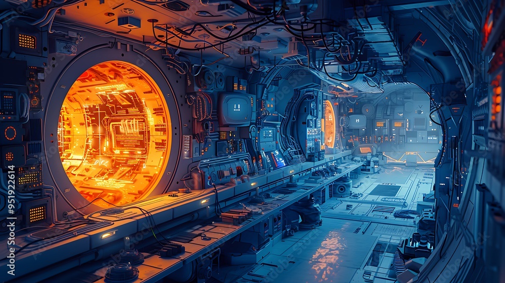 A detailed scene inside a nuclear-powered icebreaker ship navigating ...