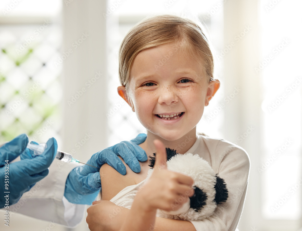 Happy little girl, portrait and injection with thumbs up for doctor ...