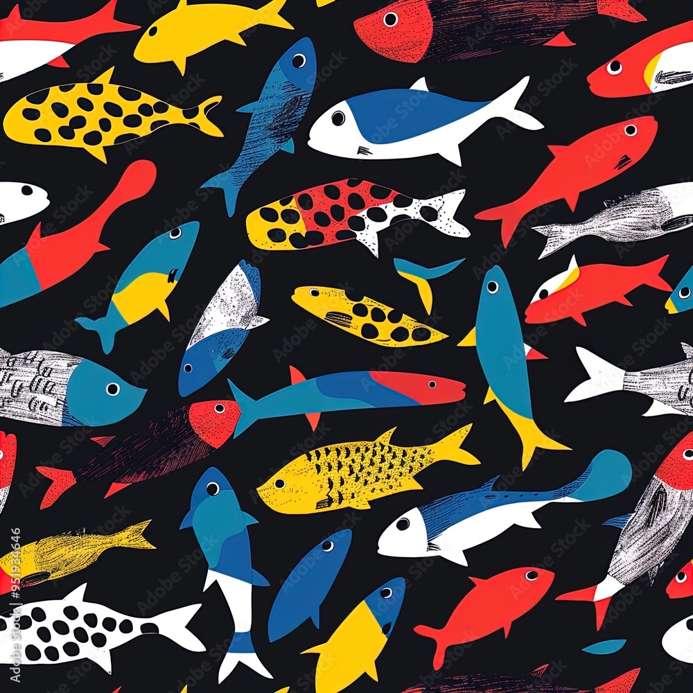 A vibrant and colorful illustration featuring an array of abstract fish ...