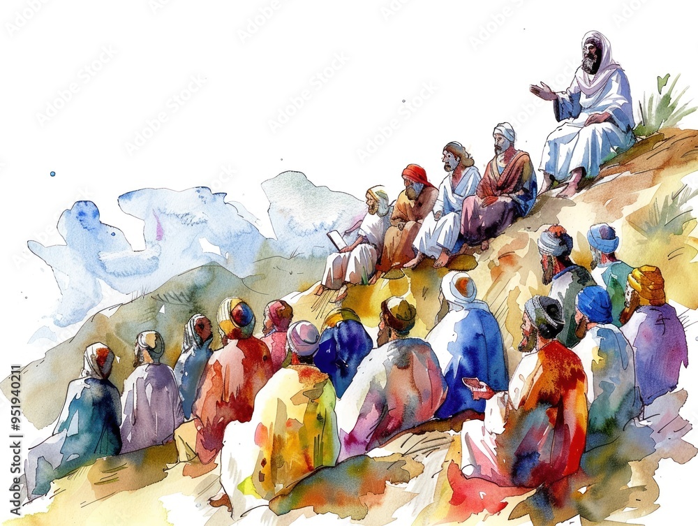 Watercolor illustration of the sermon on the mount capturing the ...