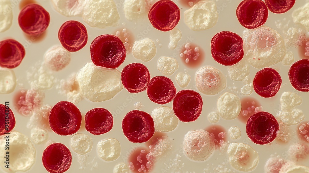 microscope photography, blood smear, individual red blood cells and ...