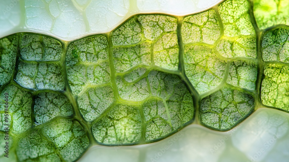 biology research, close-up of leaf vein, multiple layers of plant cells ...