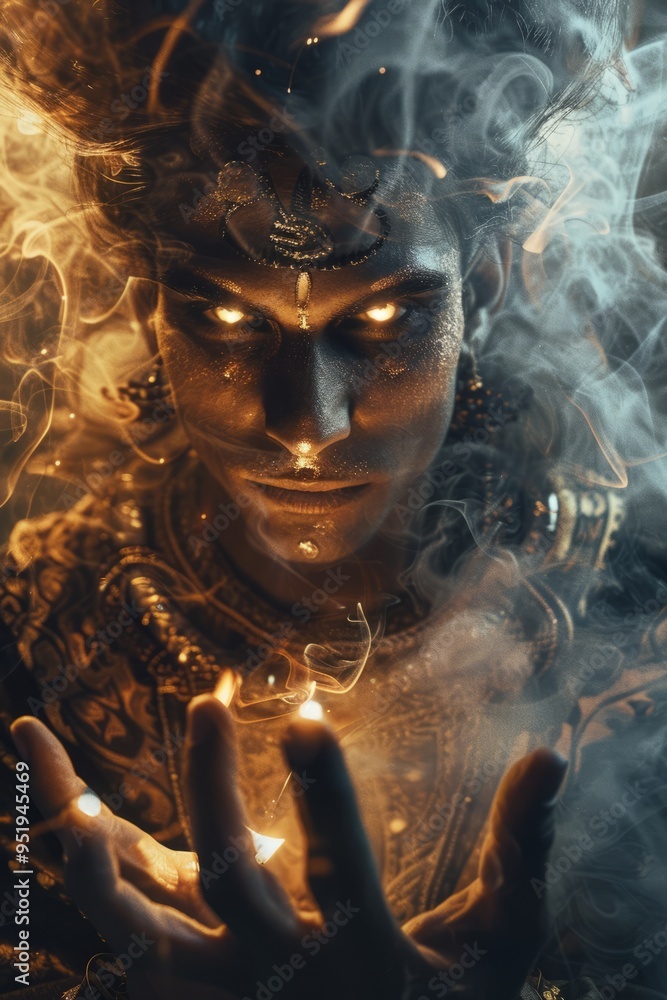 The trickster god, shrouded in smoke, casts an enchanting spell with ...