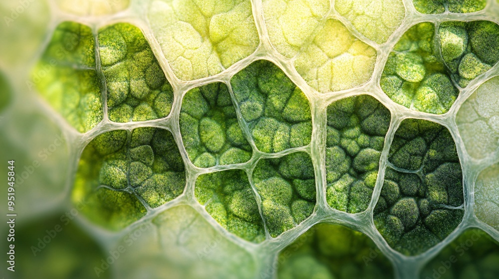microscope view, plant tissue sample, close-up of chloroplast-rich ...