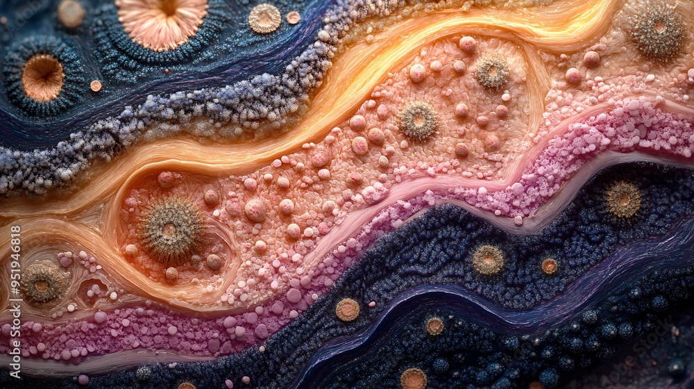 biology research, cross-section of skin tissue, multiple layers of ...
