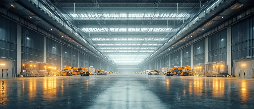 An advanced logistics hub where robotic arms and self-driving vehicles ...