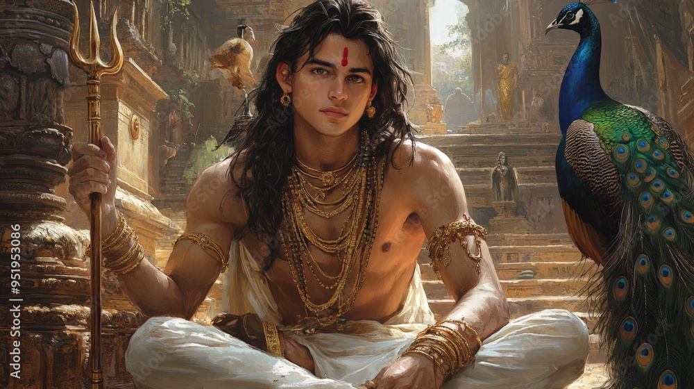 Divine Pose of Lord Muruga with Spear and Temple Backdrop Stock ...