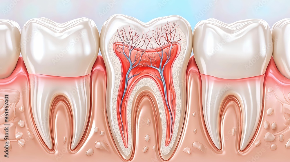 Crosssectional view of a tooth showing the nerve pathways within the ...