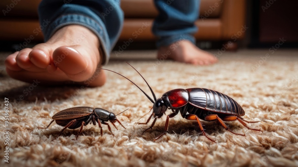 A man walks on a carpet with cockroaches. Cockroaches are a common ...