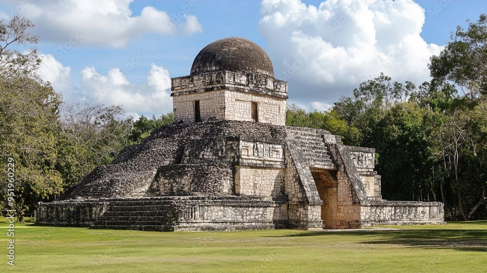 An ancient stone pyramid structure with a large dome on the top ...