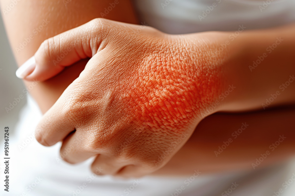 Inflamed skin on hand with psoriasis vulgaris, eczema and other skin ...