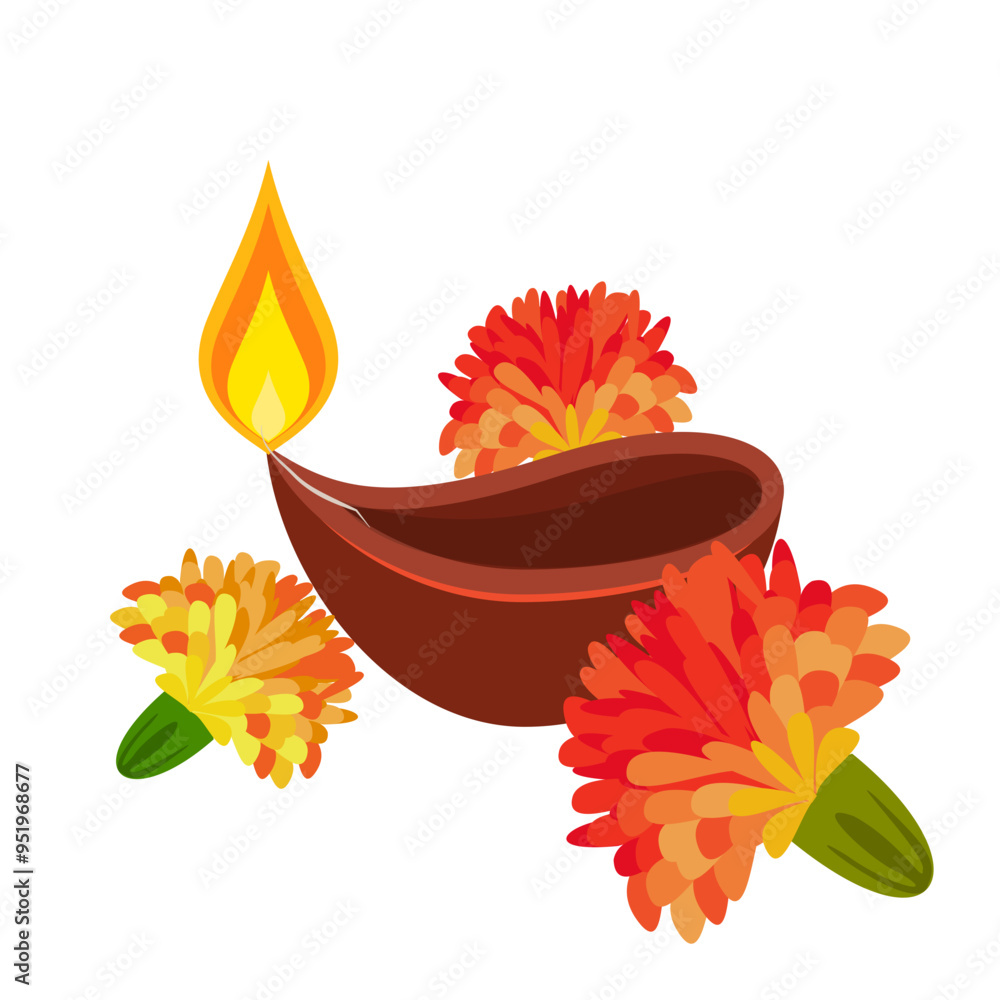 diya, marigold flowers illustration, genda phool, diwali Diya and ...