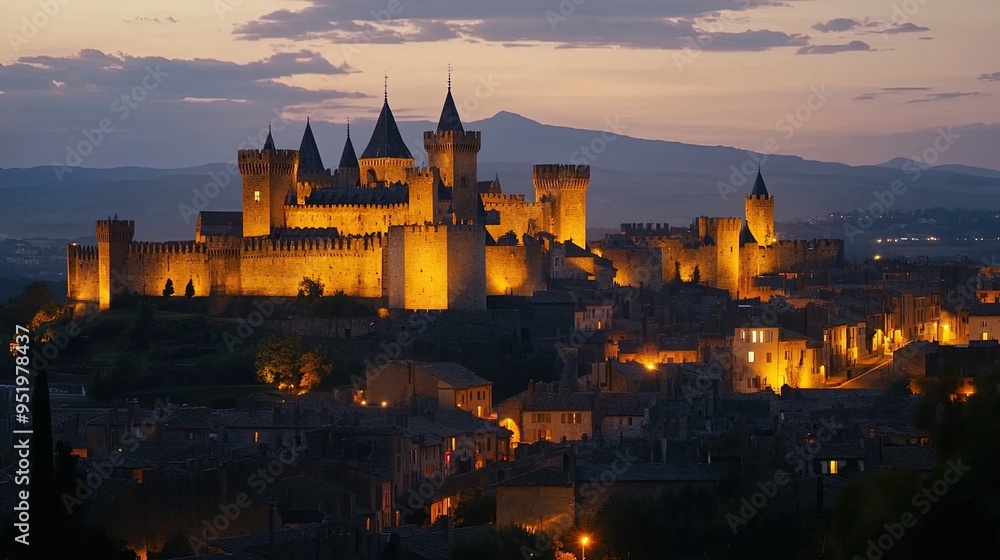 An enchanting view of a large medieval fortress illuminated at twilight ...