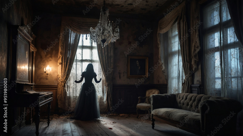 A detailed shot of an ominous room inside a haunted house, filled with ...