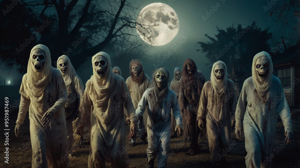 A large group of trick-or-treaters dressed as classic monsters like ...