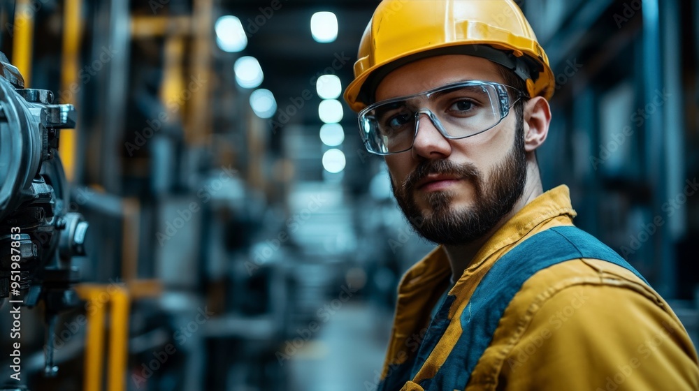 Industrial Strength: A determined factory worker, clad in safety gear ...