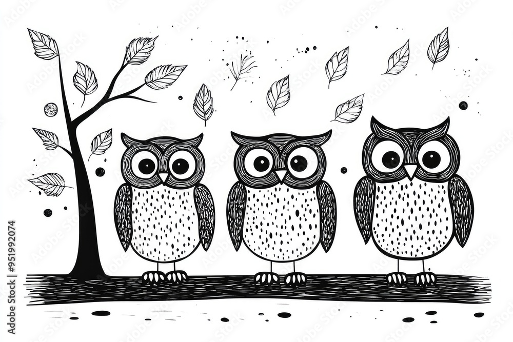 Simple owl coloring page for kids. Three whimsical owls under a gently ...