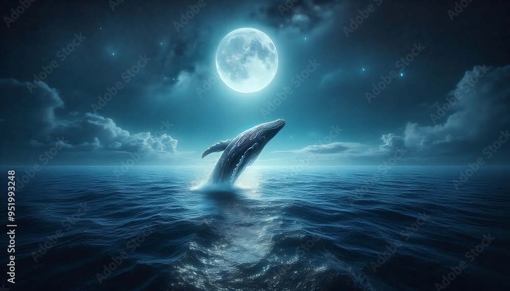 Surreal ocean scene with a giant whale breaching under a full moon and ...