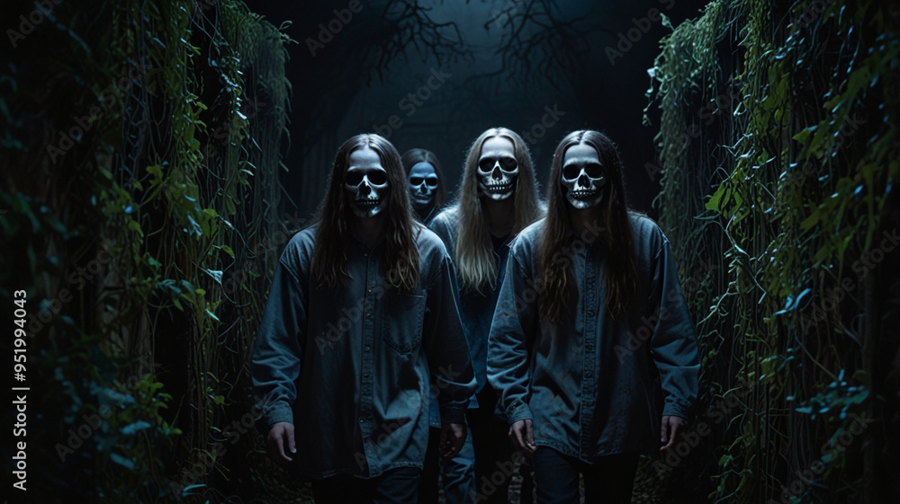 A group of friends clutching each other as they walk through a haunted ...