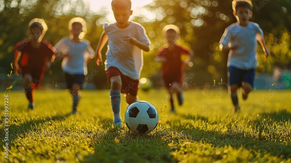 Children playing football on a sunny day, running towards a soccer ball ...