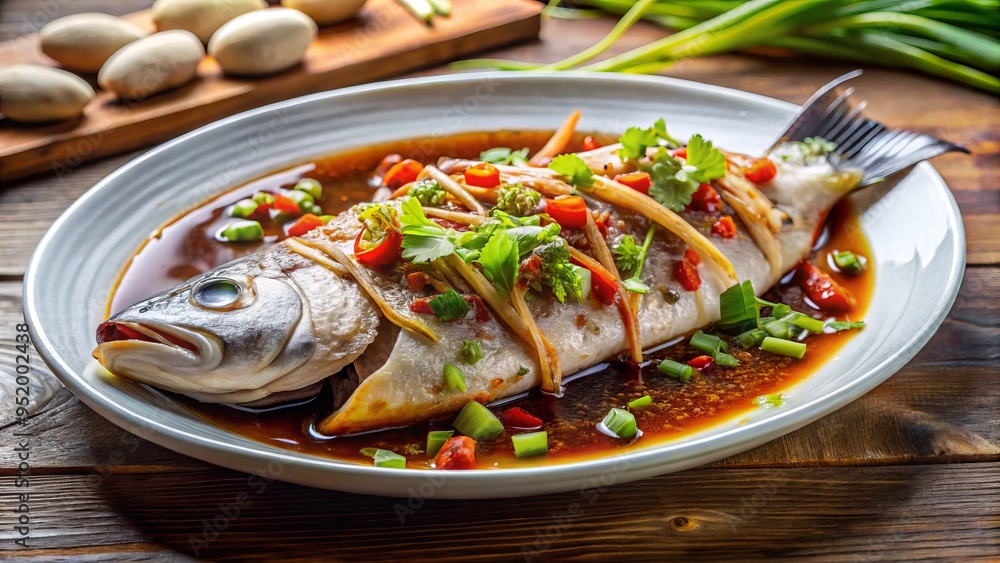 Photo image of a traditional Asian-style steamed fish dish featuring a ...