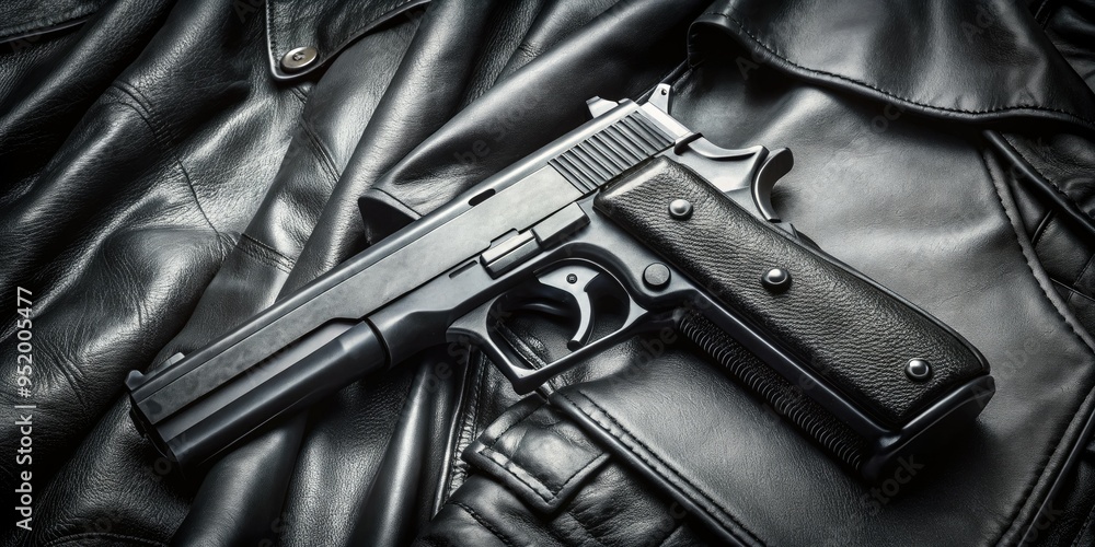 dark gritty aggressive handgun urban streetwear black leather jacket ...