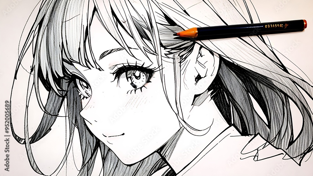 Anime girl sketch with colored pencils on a white background. Suitable ...