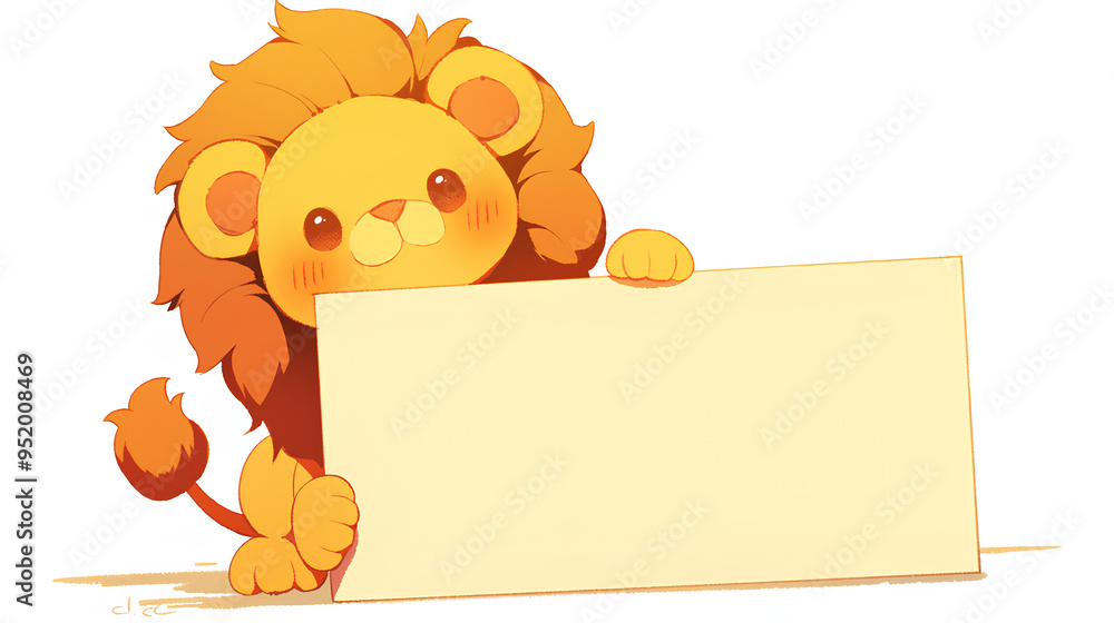 cute lion holding up a blank sign, colorful cartoon character, empty ...