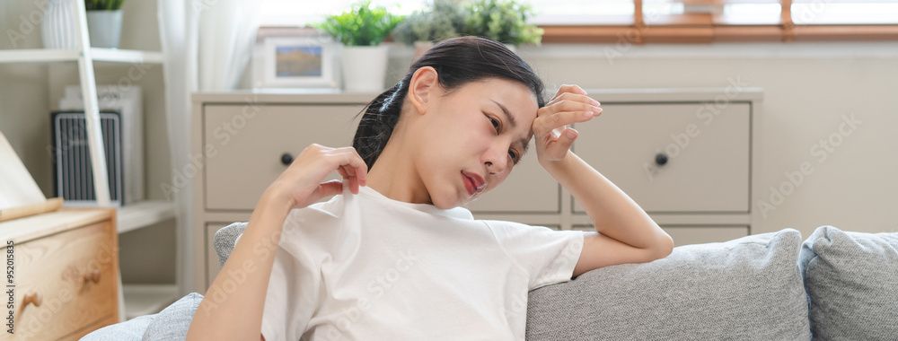Suffering summer heat wave stroke, hot weather, tired asian young woman ...
