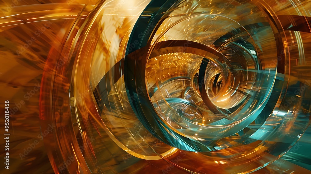 A dynamic abstract scene with interlocking rings and angular shapes ...