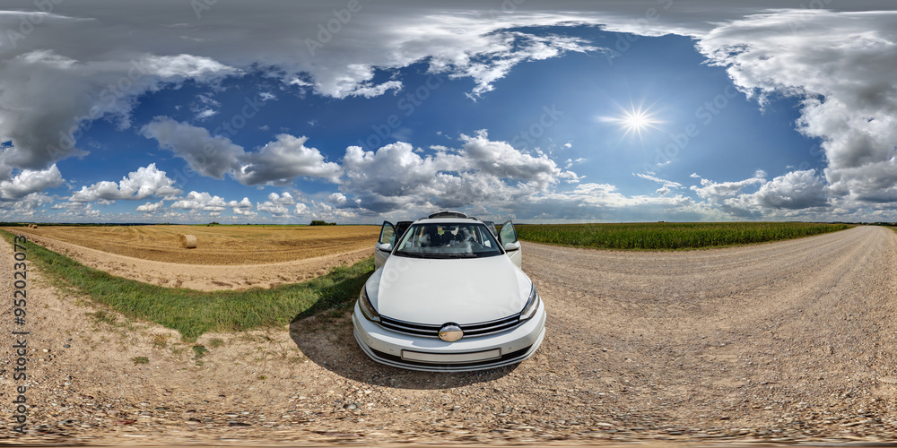 hdri 360 panorama near white car on roadside of gravel dusty road in ...