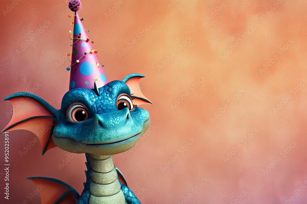 Happy cute dragon with a birthday hat on his head, isolated on solid ...