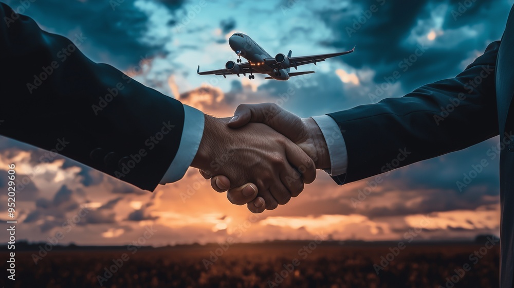 Handshake with dramatic sky and descending airplane symbolizes global ...