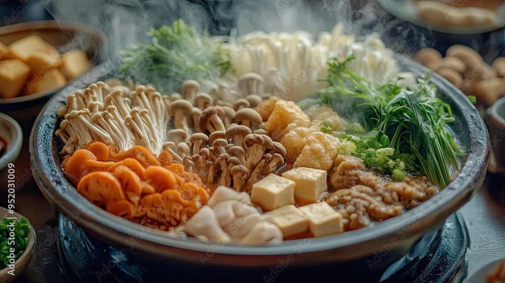 A detailed shot of a shabu-shabu meal with ingredients such as ...